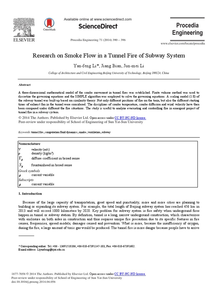 Research On Smoke Flow in A Tunnel Fire of Subway Sy - 2014 - Procedia ...