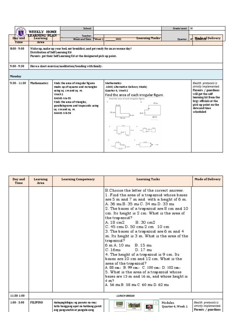 Day and Time Learning Area Learning Competency Learning Tasks Mode of ...