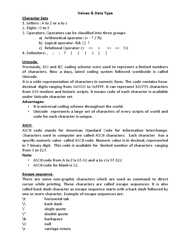 Values & Data Type Character Sets | PDF | Data Type | Variable ...