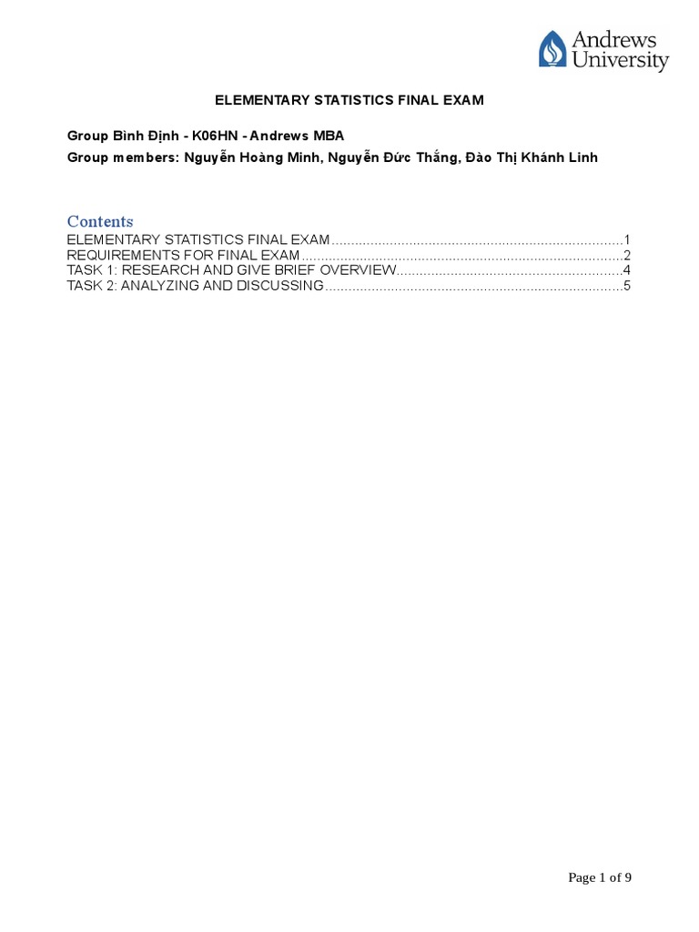 Elementary Statistics Final Exam Group Bình Định - K06HN - Andrews MBA ...