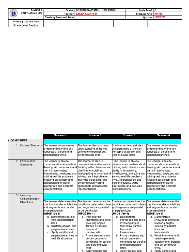 Math 8 DLL 4th Quarter Week 5 LC 52 | PDF | Learning | Perpendicular