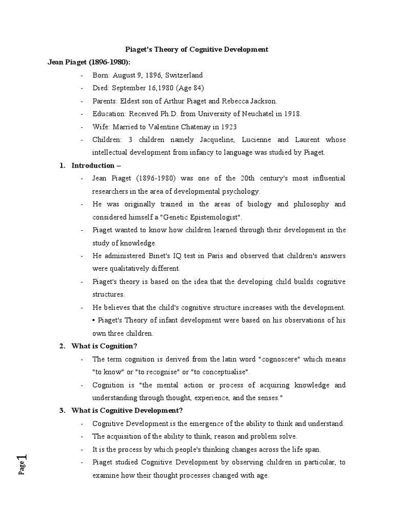 Piaget's Theory of Cognitive Development Jean Piaget (1896-1980) | PDF ...