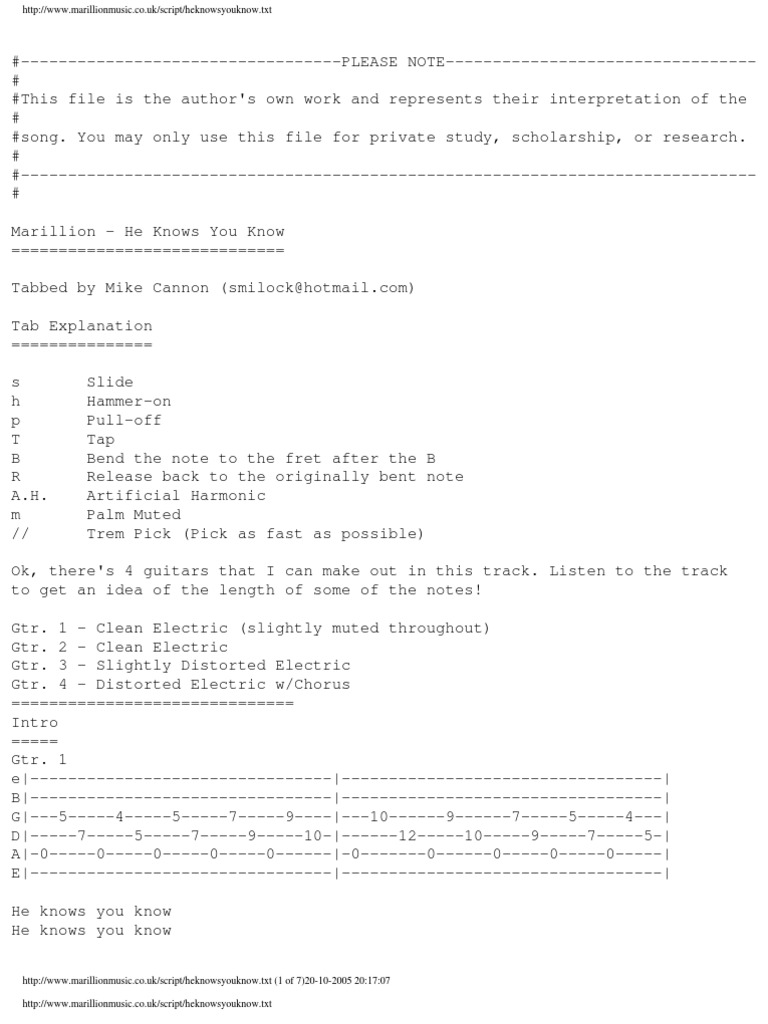 Marillion (Fish) Guitar Tabs | PDF | Guitars | Song Structure