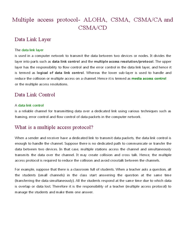 Multiple Access protocol-ALOHA, CSMA, CSMA/CA and Csma/Cd | PDF | Channel Access Method | Computing