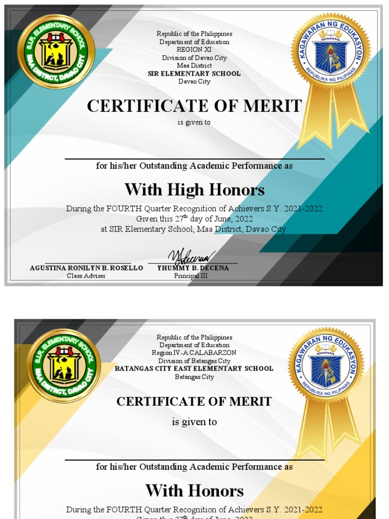 Certificate of Merit: For His/her Outstanding Academic Performance As ...