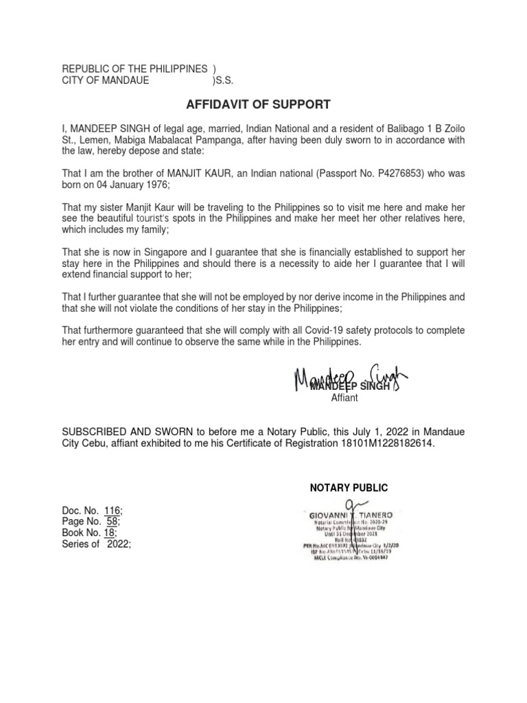 Affidavit of Support Manjit | PDF