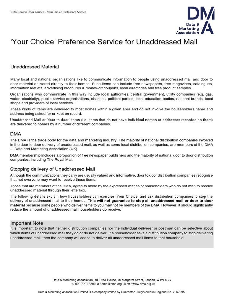 Your Choice' Preference Service For Unaddressed Mail | PDF | Mail ...