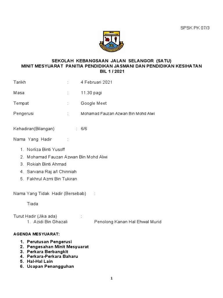 Minit Mesyuarat Panitia PJPK Bil 1 2021 | PDF
