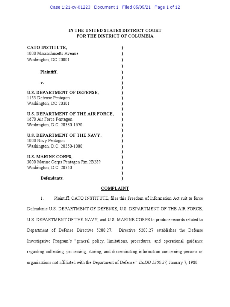 Cato V DoD Et Al 21-Cv-01223 DoD Dir 5200.27 | PDF | Freedom Of ...