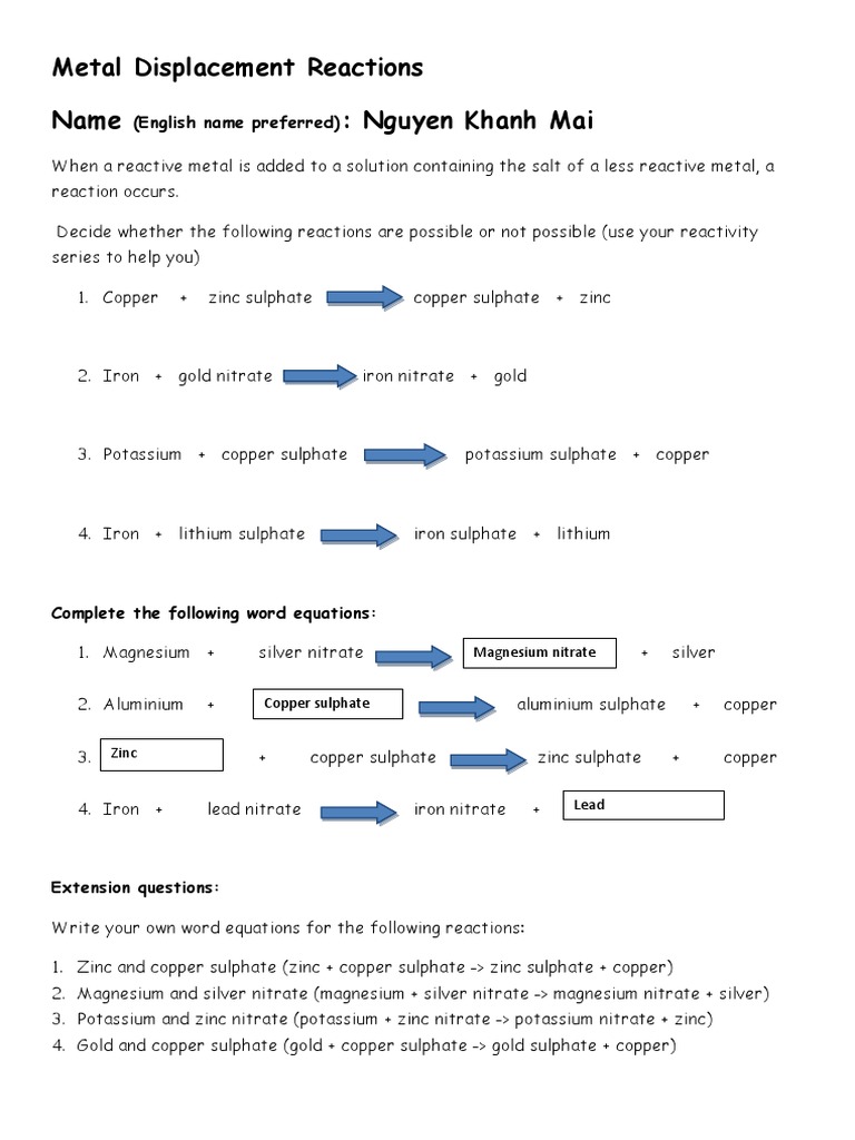 Displacement reaction Word Equations | PDF