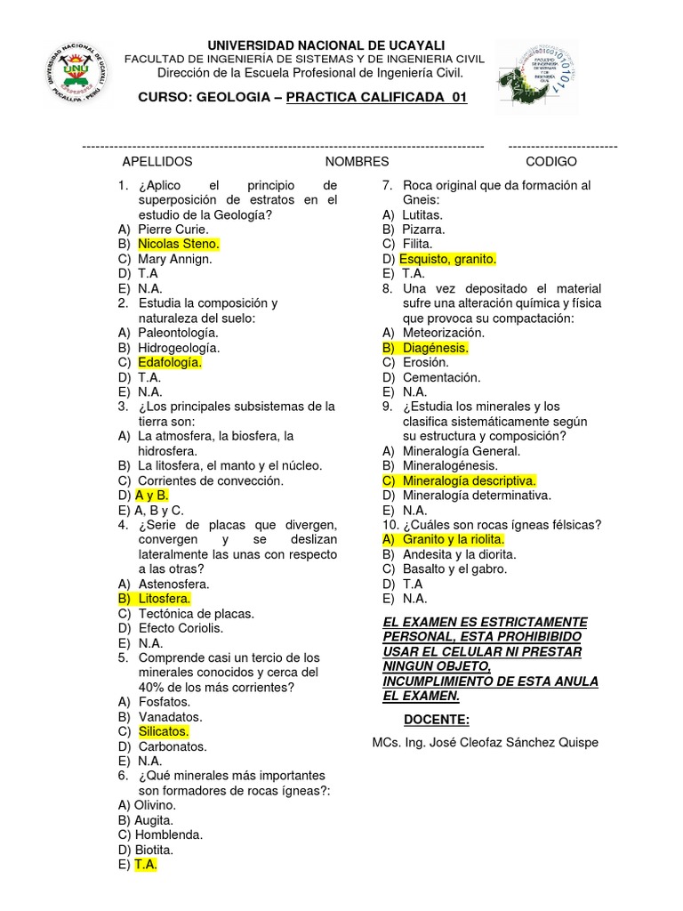 Solicionario Practica Cal. 1 | PDF | Roca (geología) | Minerales