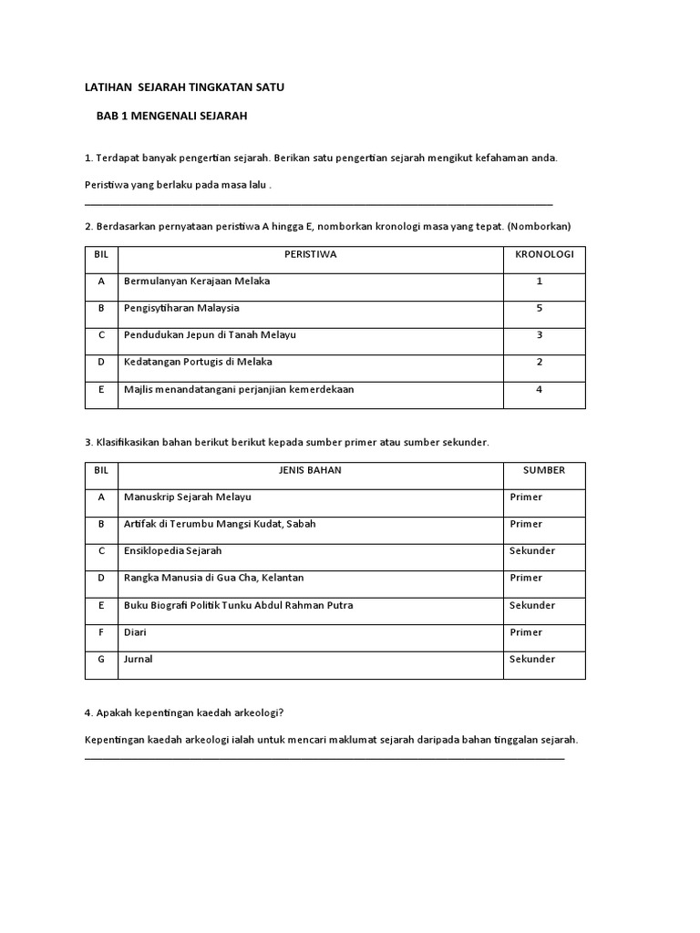 Latihan Sejarah Bab 1 | PDF