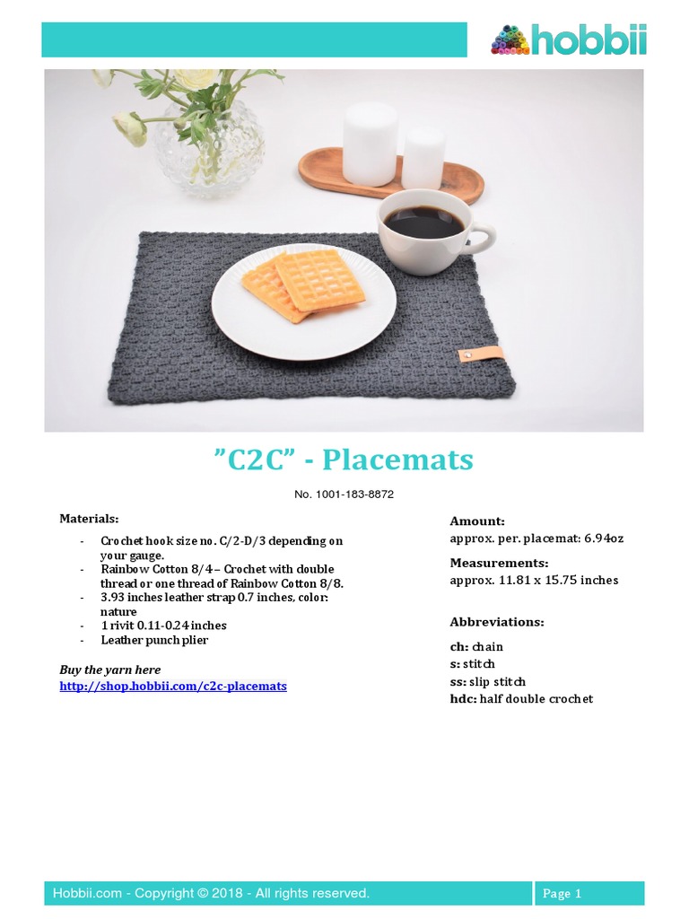 "C2C" - Placemats: Materials | PDF | Crochet | Yarn