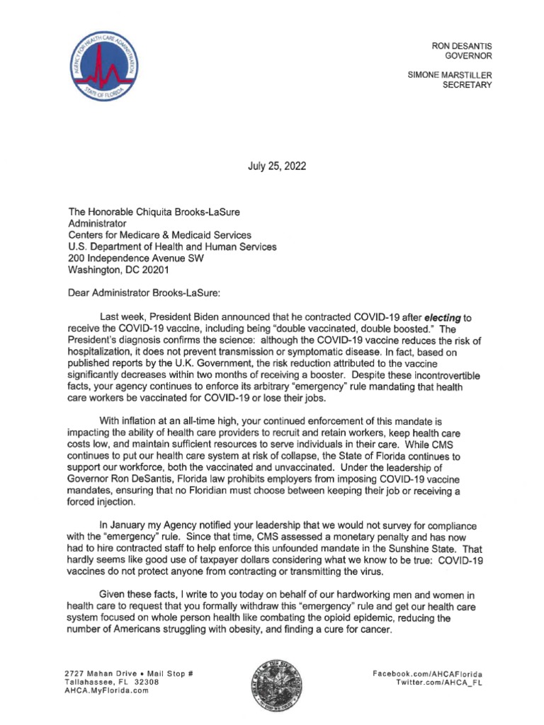 Florida Letter To Cms | PDF | Vaccines | Health Care