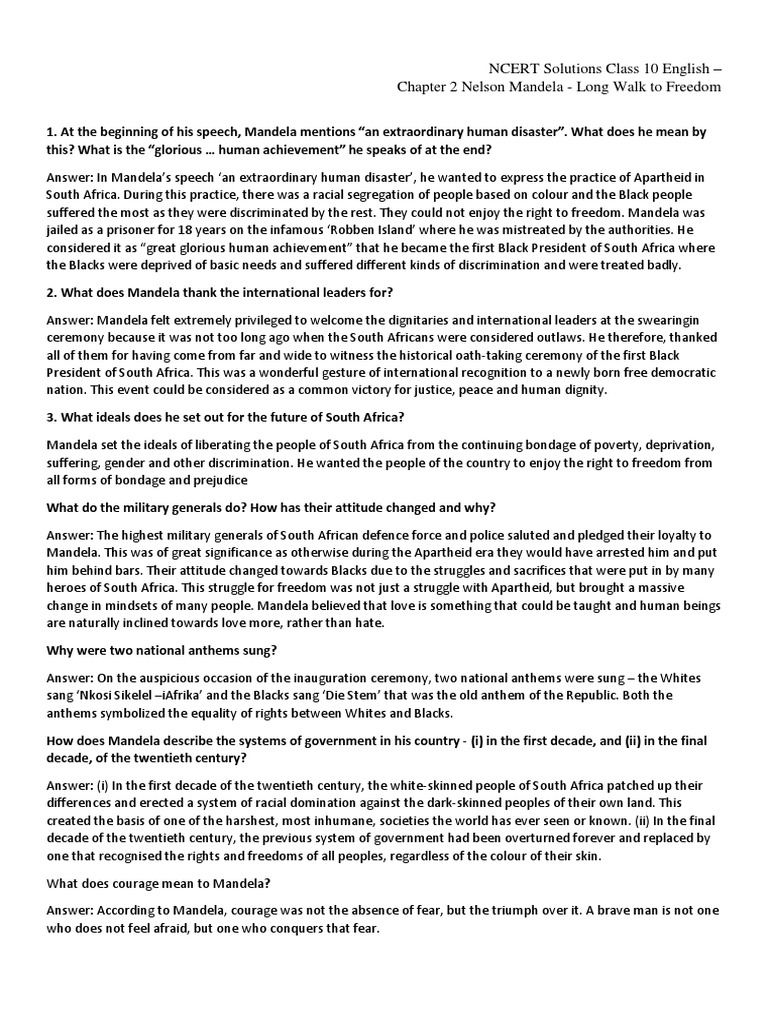 NCERT Solutions Class 10 English - Chapter 2 Nelson Mandela - Long Walk ...