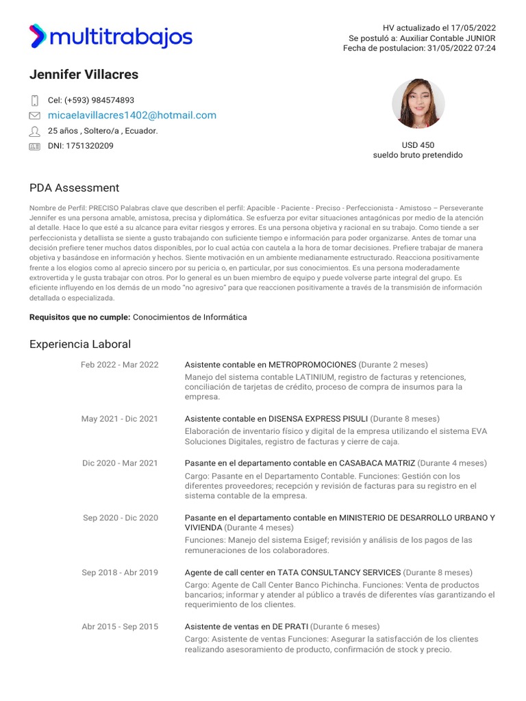 Auxiliar Contable JUNIOR CV | PDF | Contabilidad | Microsoft