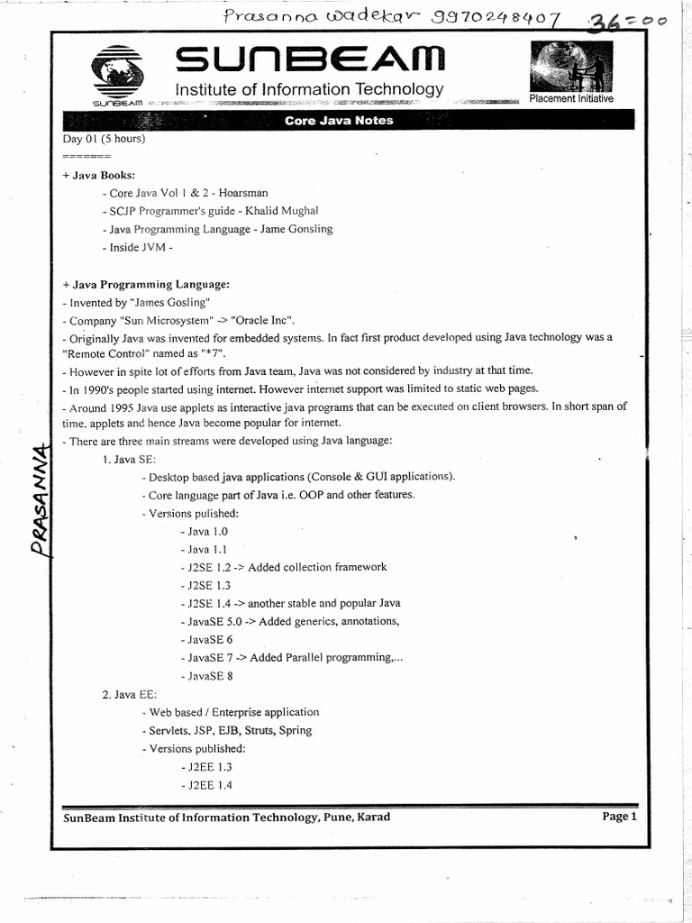 Sunbeam Corejava Notes | PDF