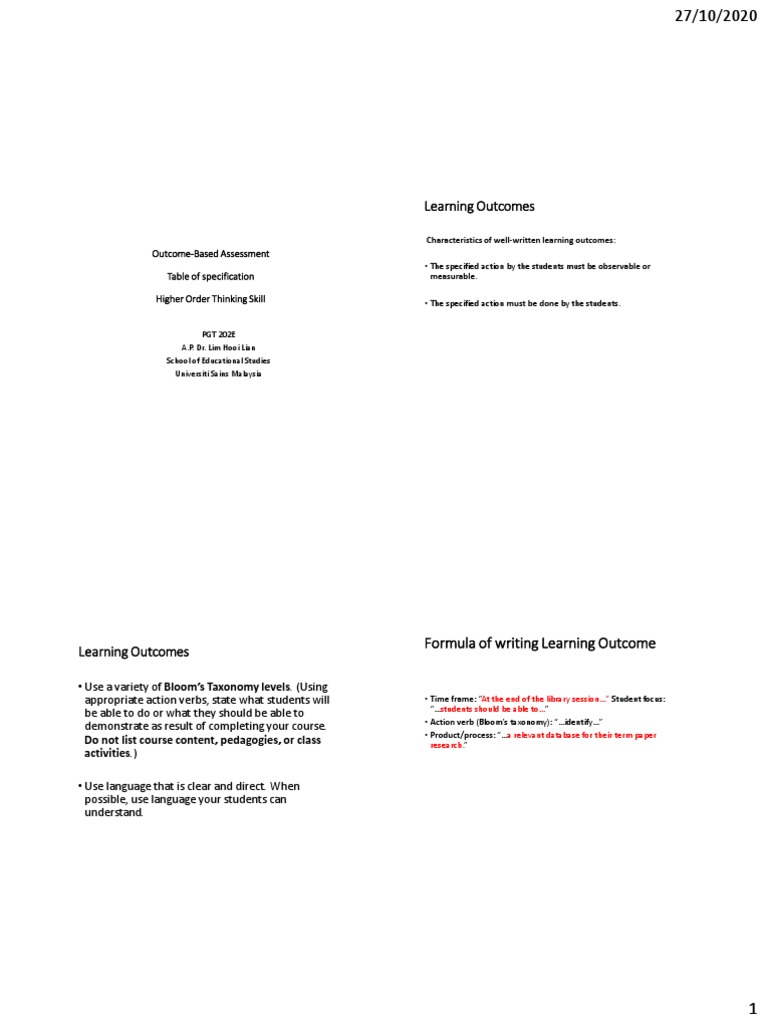 PGT202E - Table of Specification 27-10-20 | PDF | Educational Assessment | Learning