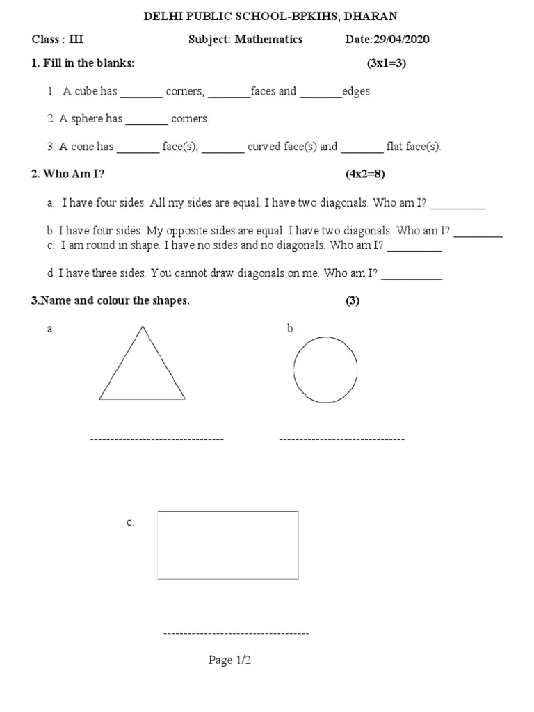 Maths Class 3 Worksheet 2 | PDF