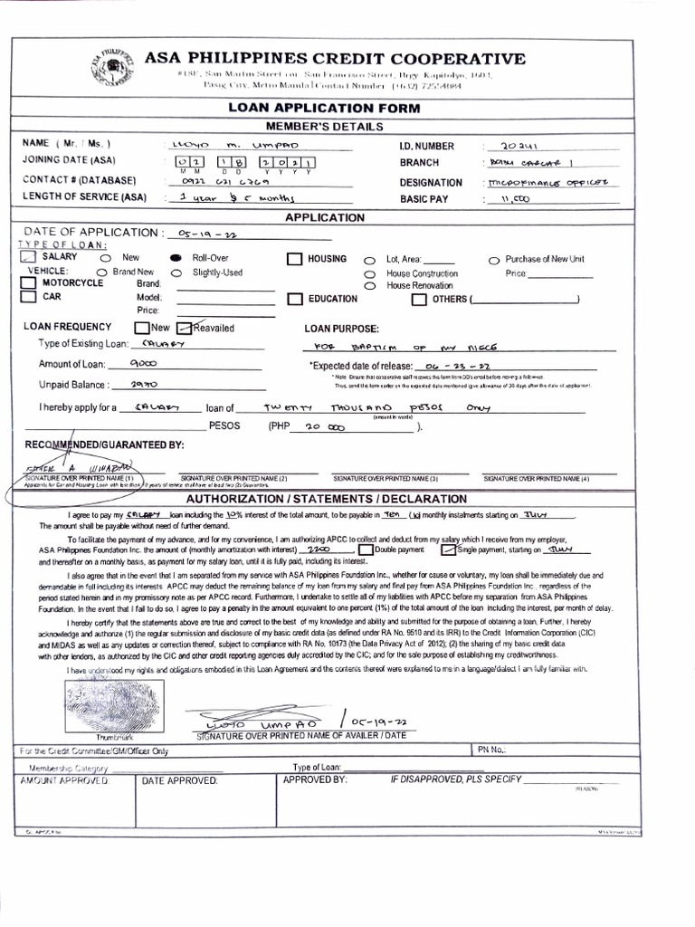 Apecc Salary Loan Application of MR - Lloyd Umpad | PDF | Interest | Credit