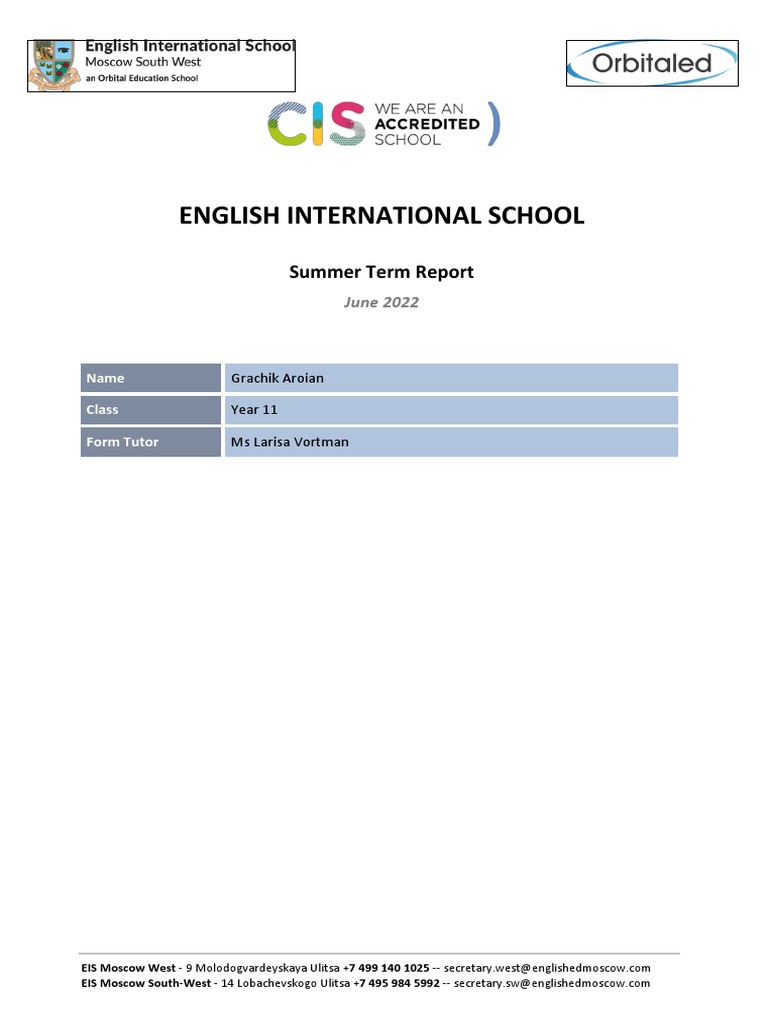 Year 11 Summer Report 2022: Grachik Aroian | PDF | Education Theory ...