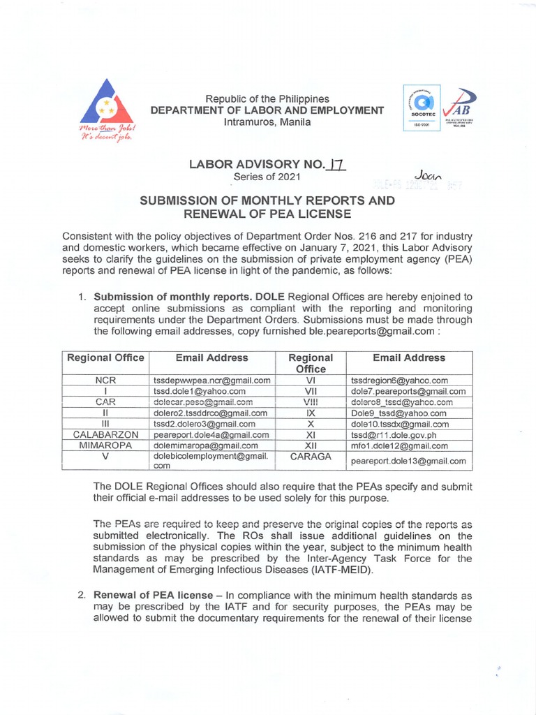 LA 17 21 Submission of Monthly Reports and Renewal of PEA License | PDF