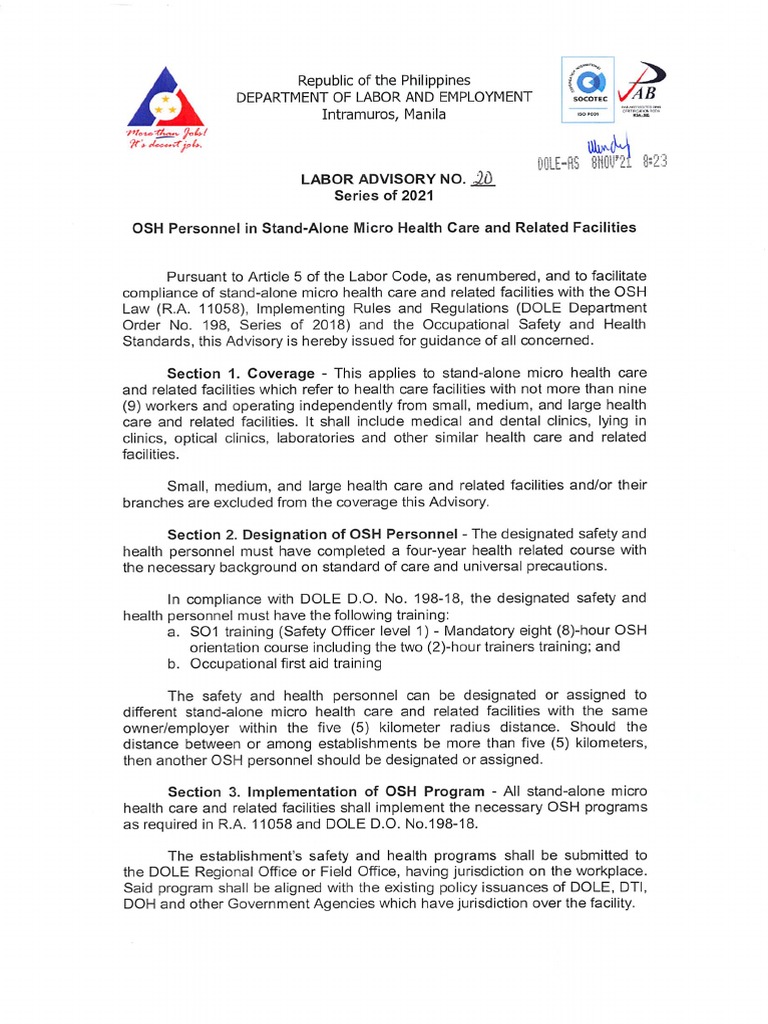 LA 20 21 OSH Personnel in Stand Alone Micro Health Care and Related ...