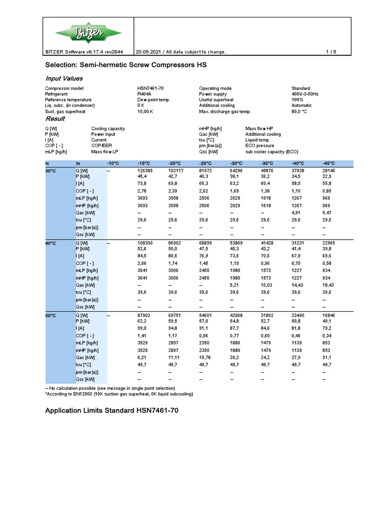 Selection: Semi-Hermetic Screw Compressors HS: Input Values | PDF ...