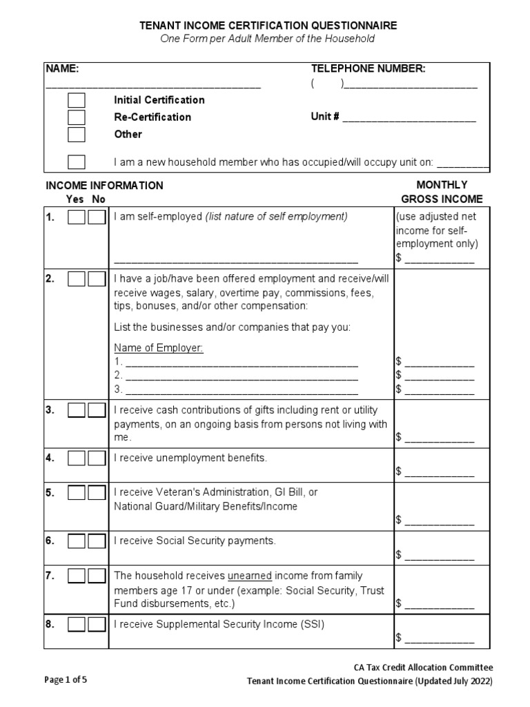 One Form Per Adult Member of The Household: Tenant Income Certification ...