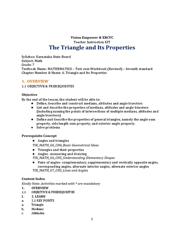 Triangle Properties Lesson Plan for Grade 7 | PDF | Triangle ...