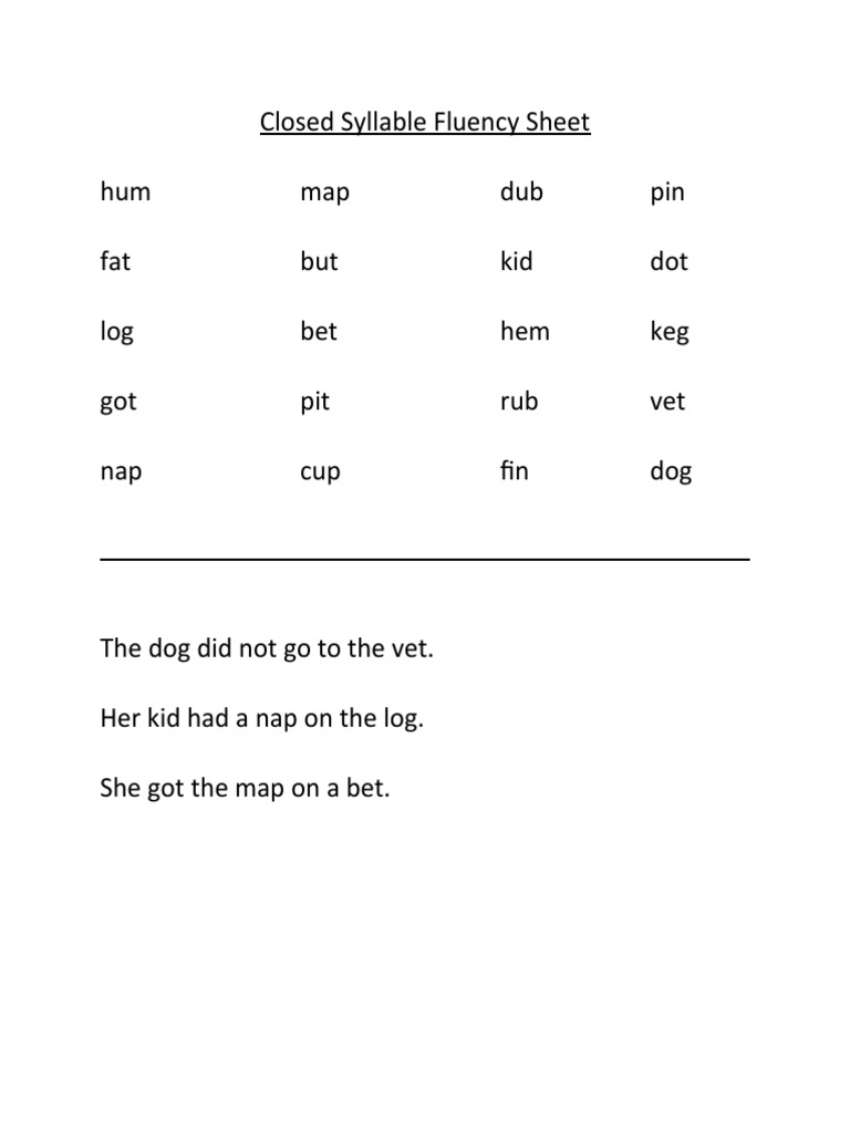 Closed Syllable Fluency Sheet | PDF