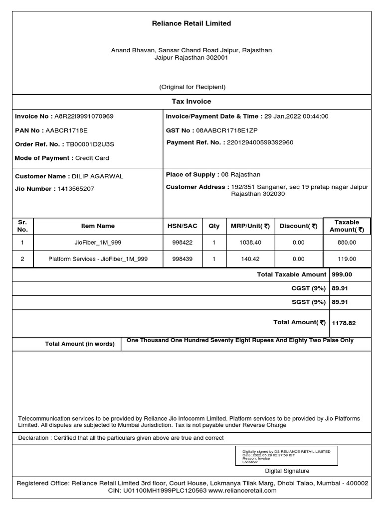 Reliance Retail Limited Total Amount In Words One Thousand One