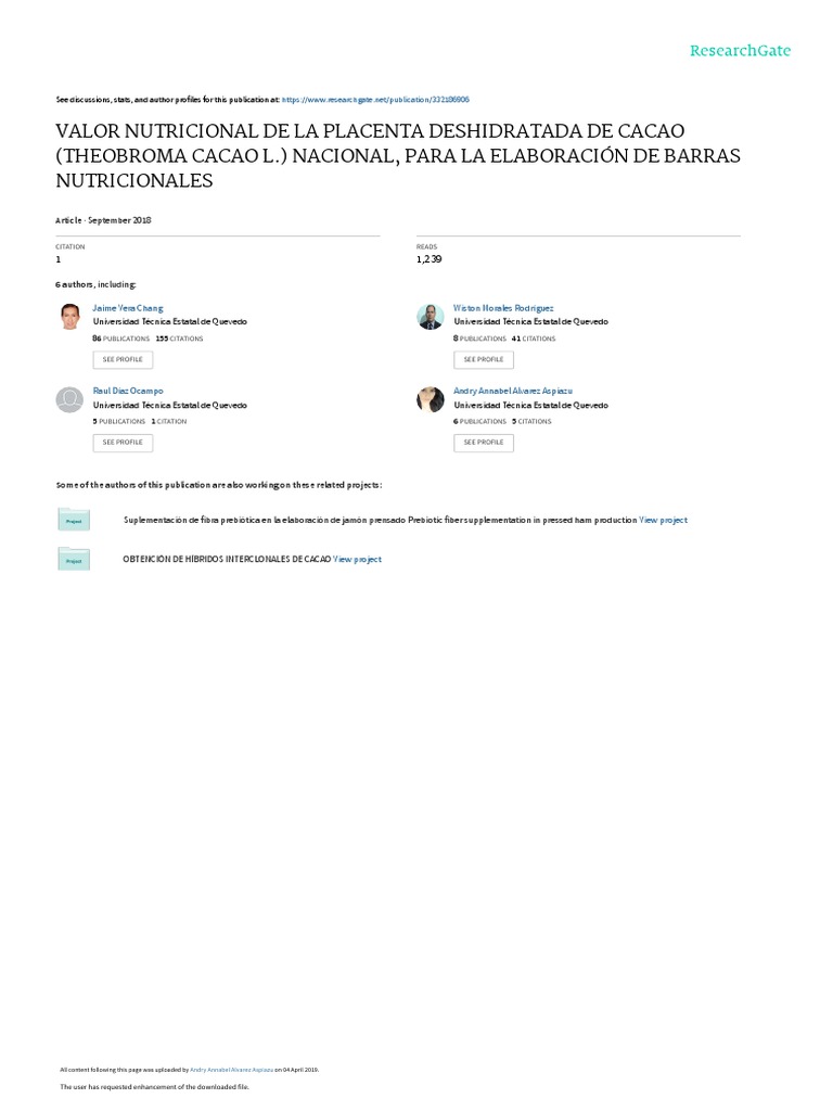 Valor nutricional de placenta de cacao | PDF | Miel | Cereales