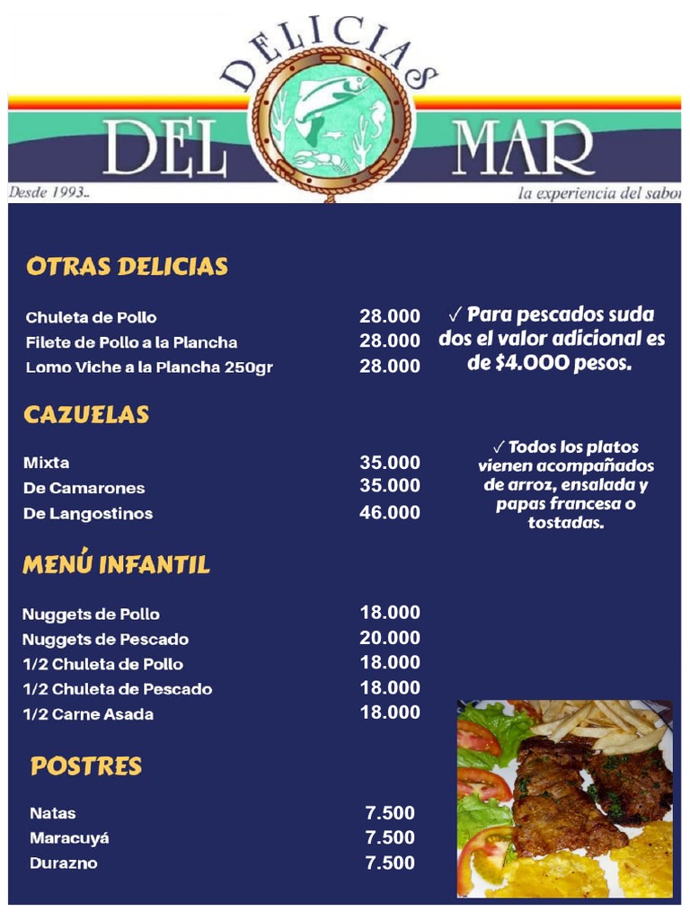 Menú del Restaurante Delicias del Mar | PDF | Alimentos | Cocina
