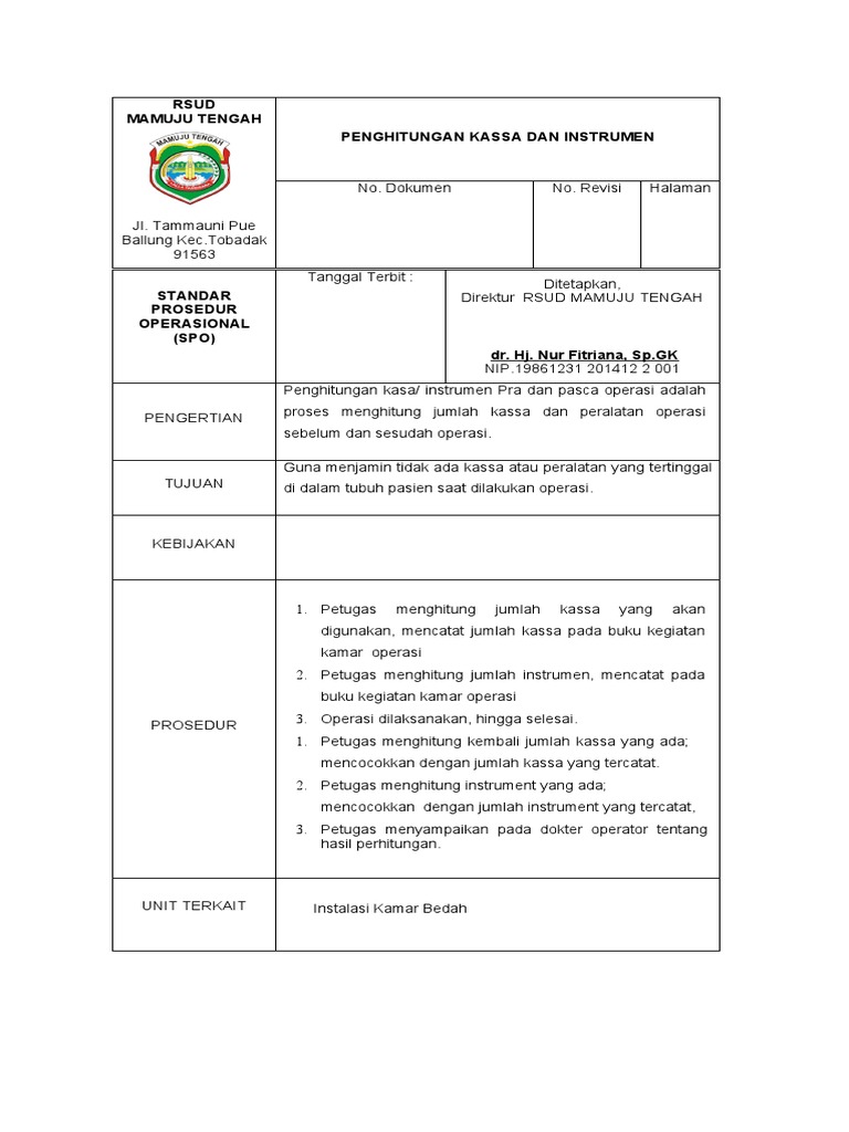 SOP Perhitungan Kassa Dan Instrumen | PDF
