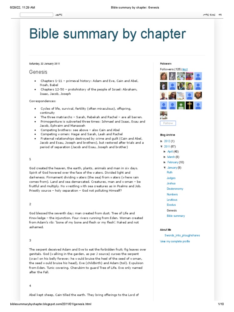 Bible Summary by Chapter - Genesis | PDF | Jacob | Abraham