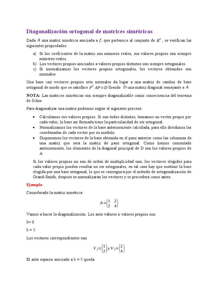 Diagonalización Ortogonal de Matrices Simétricas | PDF | Valores propios y vectores propios ...
