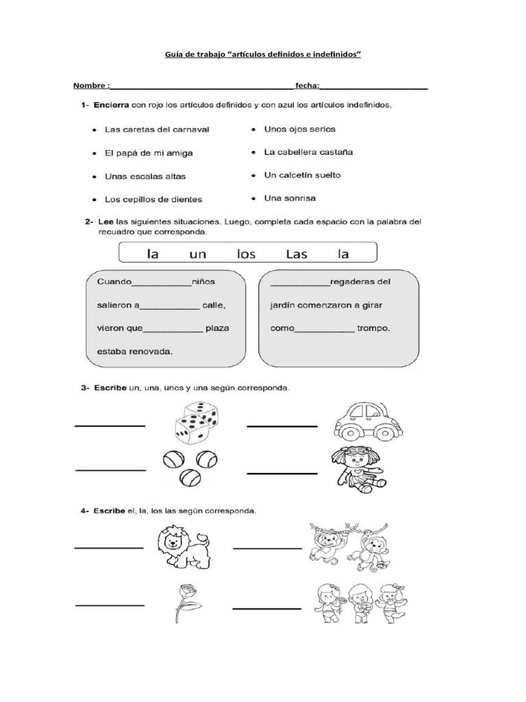 Guía de Trabajo Articulos Definidos e Indefinidos | PDF