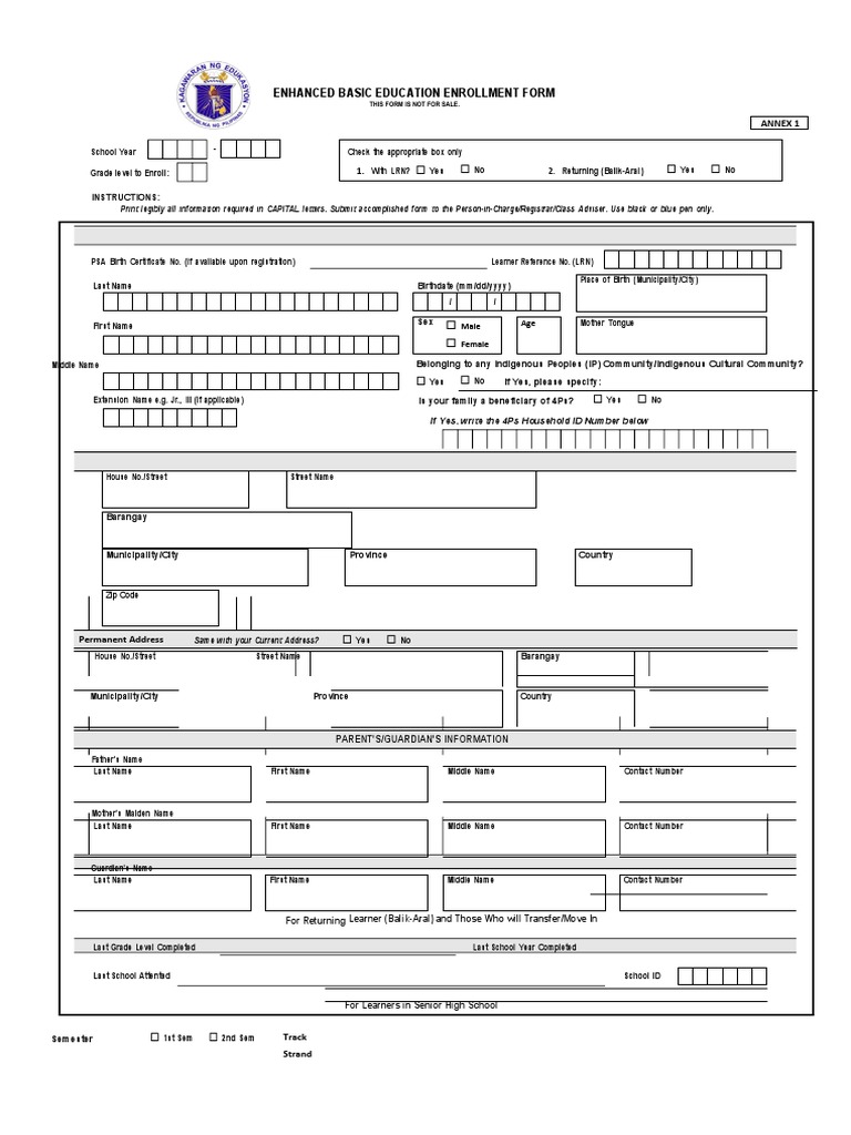 Enhanced Basic Education Enrollment Form: Learner Information | PDF ...