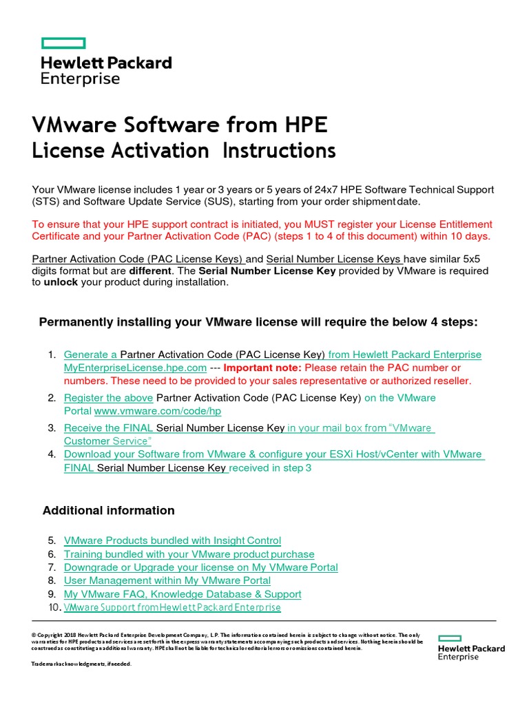 HPE - c04430317 - VMware Software From HP License Activation ...