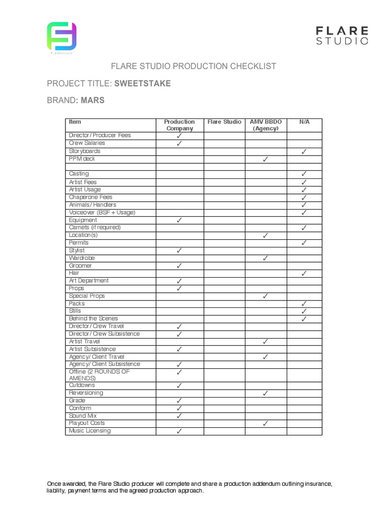 Flare Studio Production Checklist Project Title: Sweetstake Brand: Mars ...