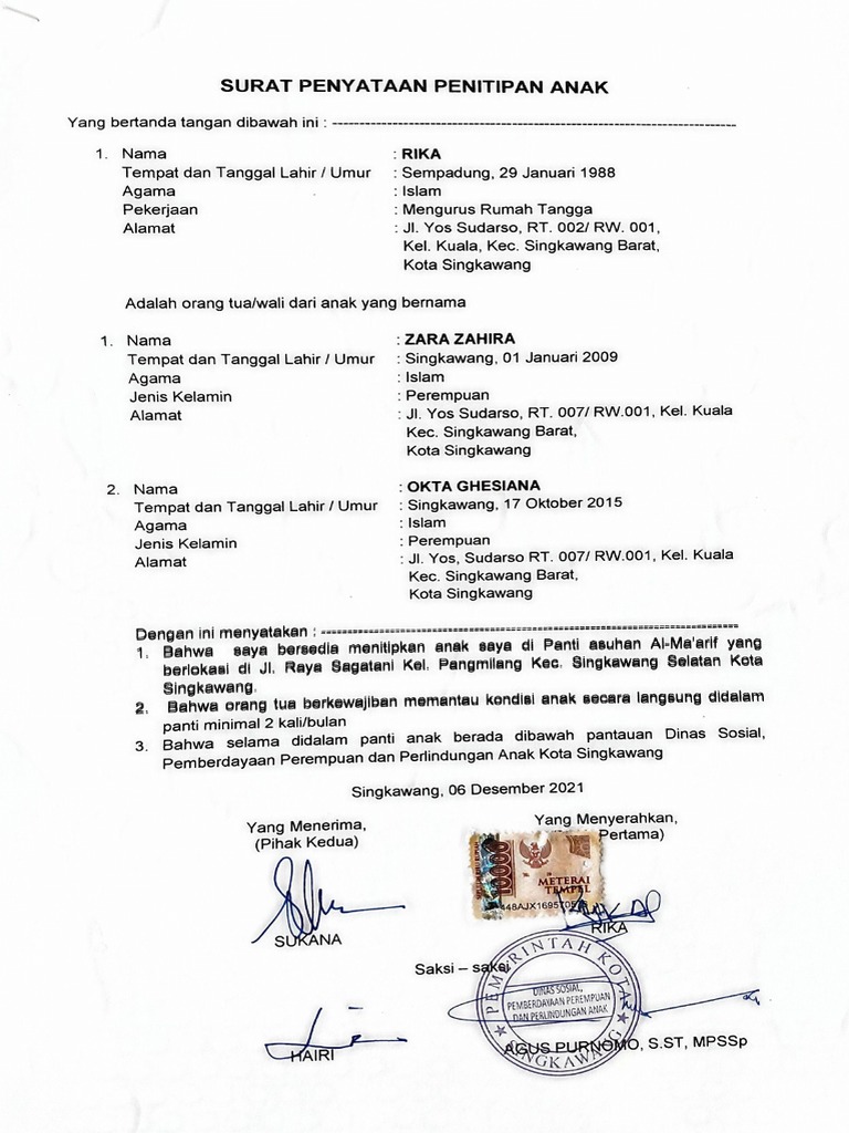 surat pernyataan penyerahan anak | PDF