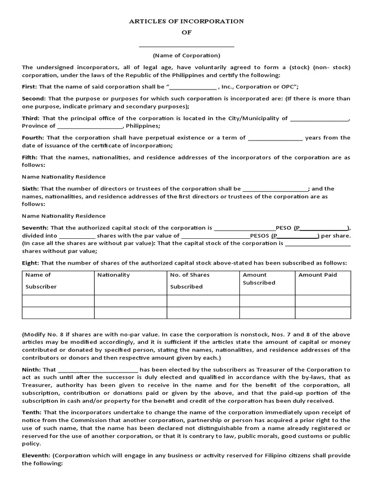 Articles of Incorporation Template | PDF | Corporations | Stocks