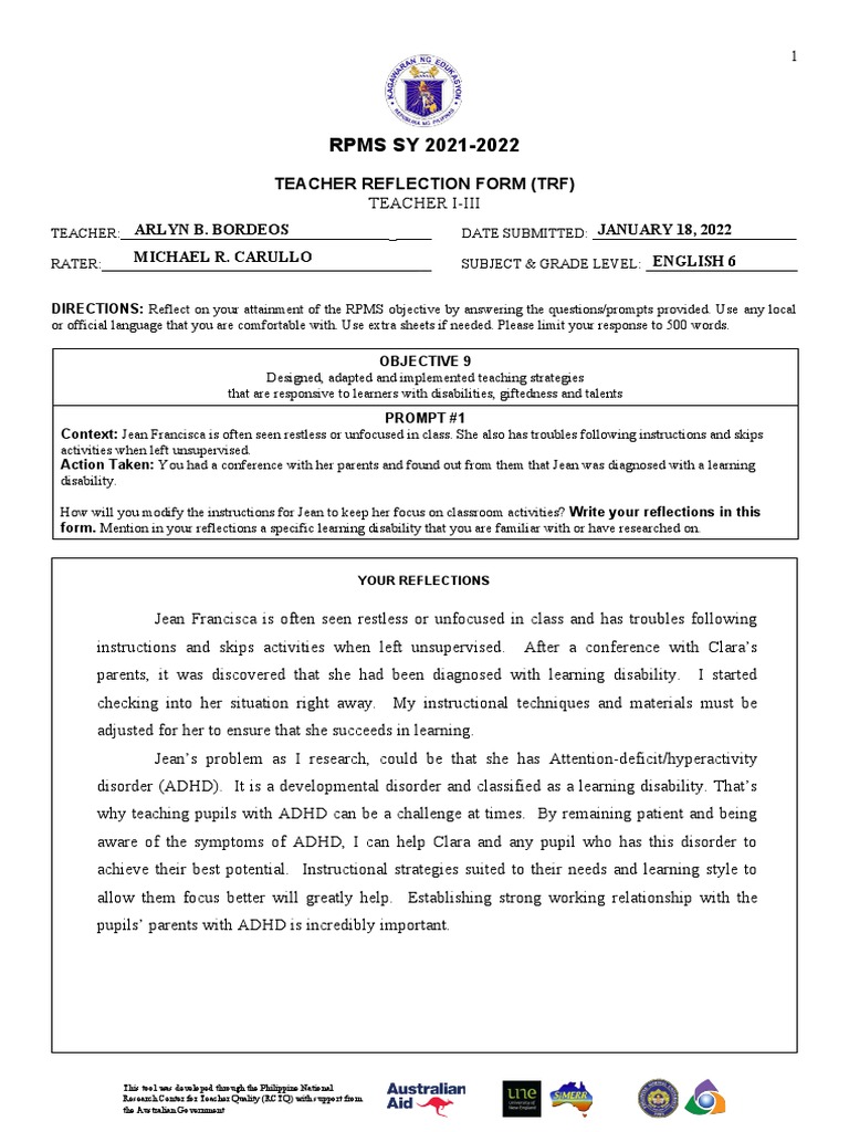 Sample TRF - Prompt #1 - Obj. 9-10 | PDF | Attention Deficit ...
