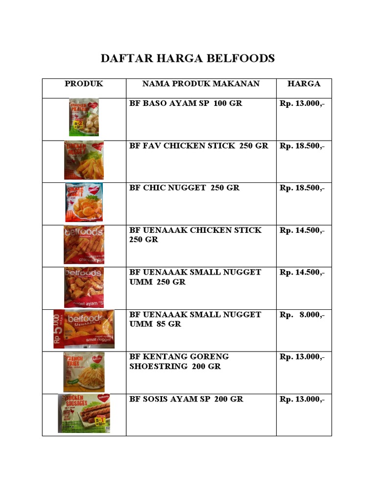 Daftar Harga Produk Belfoods 2023 | PDF | Cooking, Food & Wine