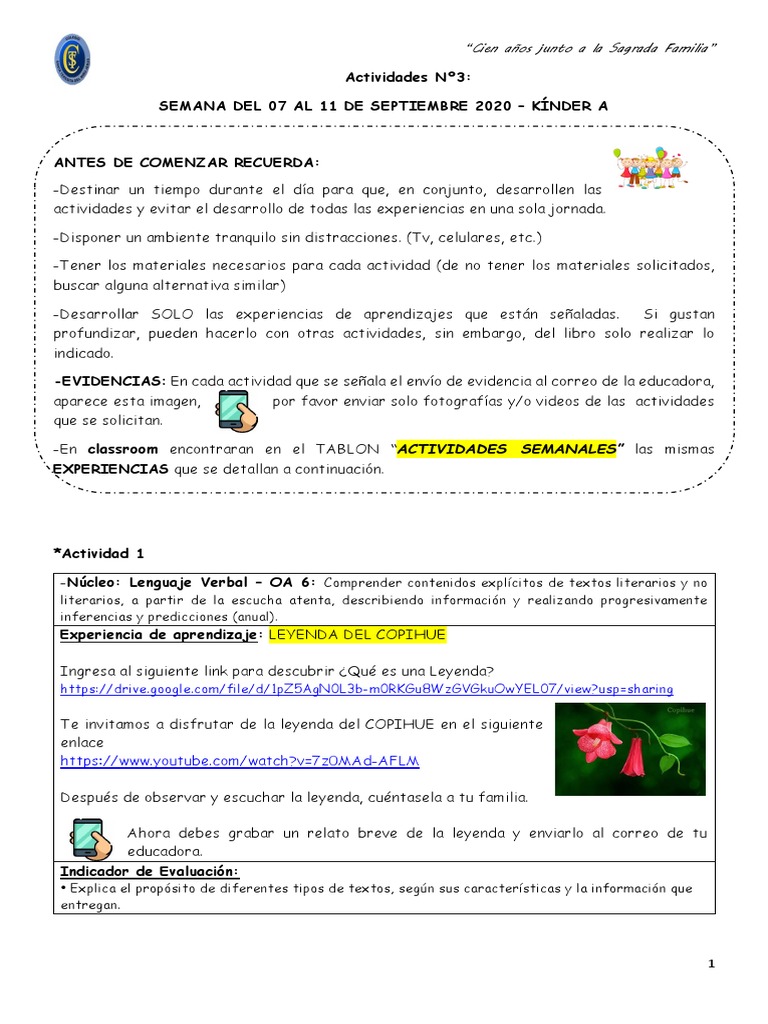 Actividades Kínder: Semana 7-11 Septiembre | PDF | Aprendizaje | Corazón