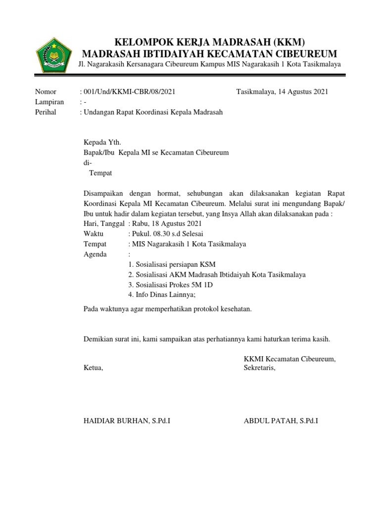 Surat Undangan Rakor Kamad Mi Cibeureum | PDF