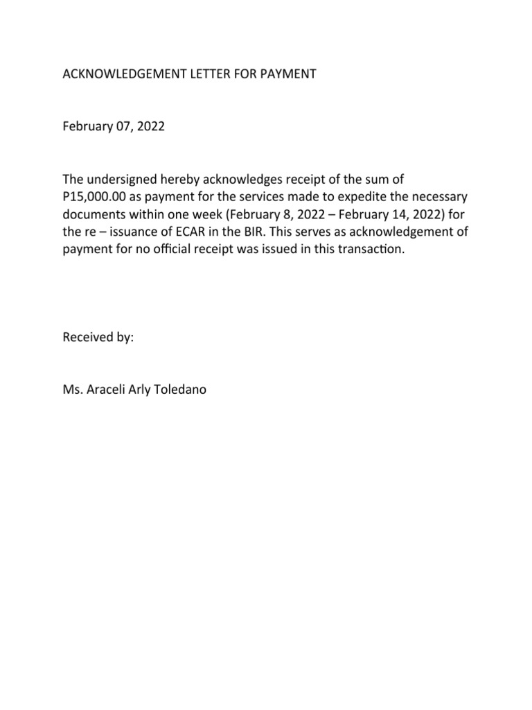 Acknowledgement Letter For Payment | PDF | Finance & Money Management