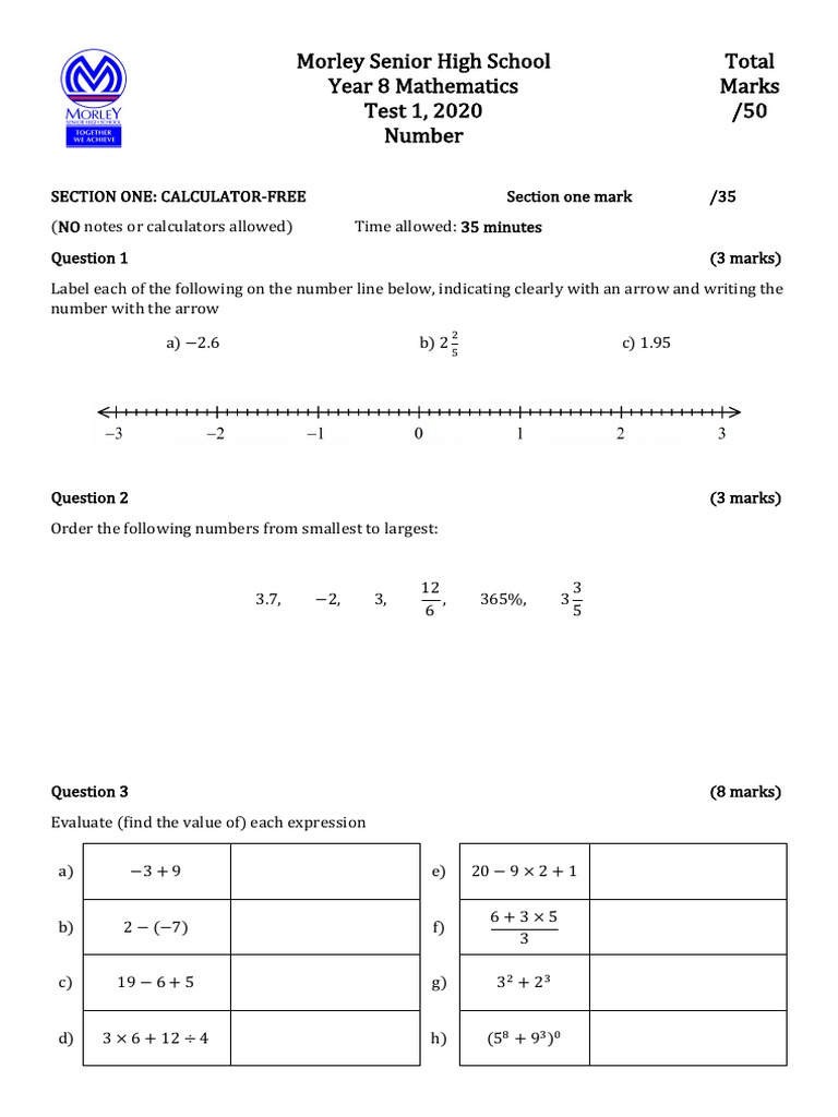 Morley Senior High School Year 8 Mathematics Test 1, 2020 Number Total ...