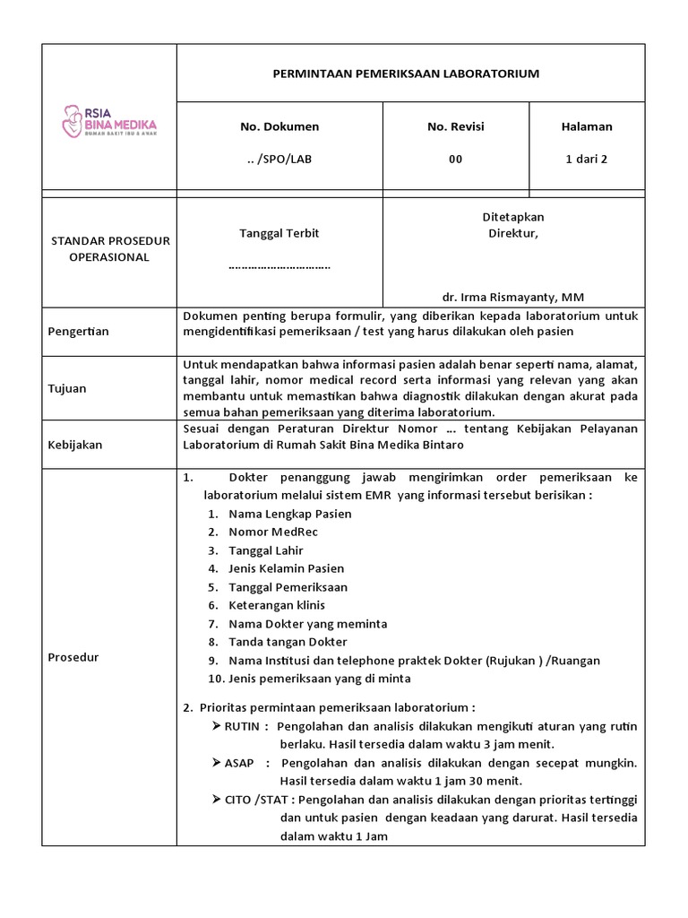 068 SPO PERMINTAAN PEMERIKSAAN LABORATORIUM Edit | PDF